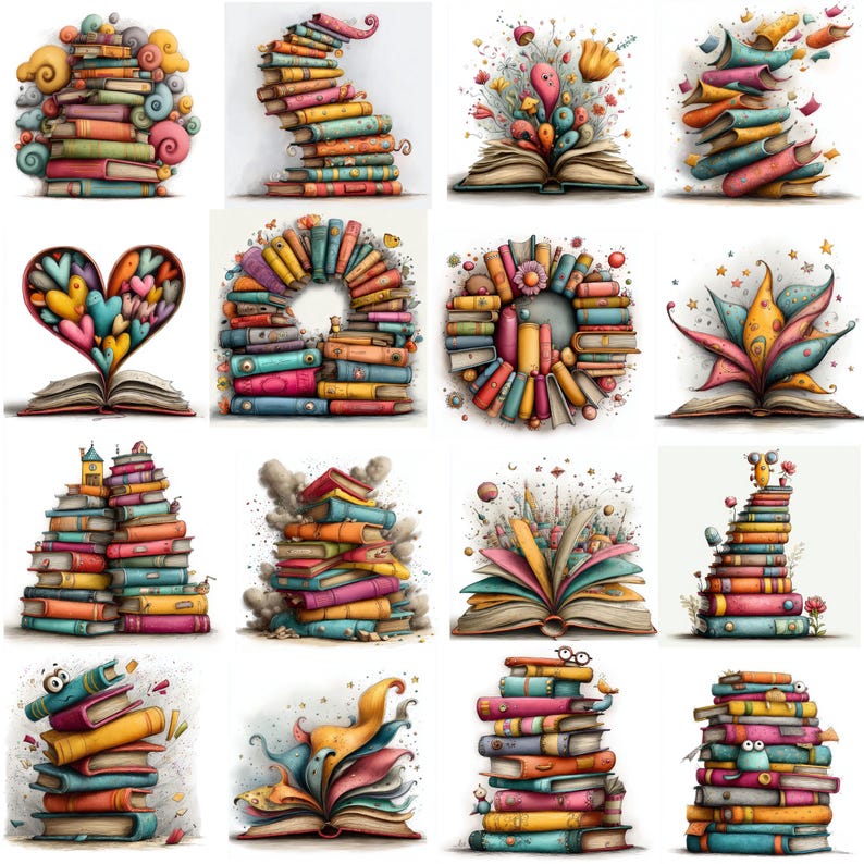 45 Whimsical Book Clipart JPG, Cute Book Stack Illustrations, Reading ...