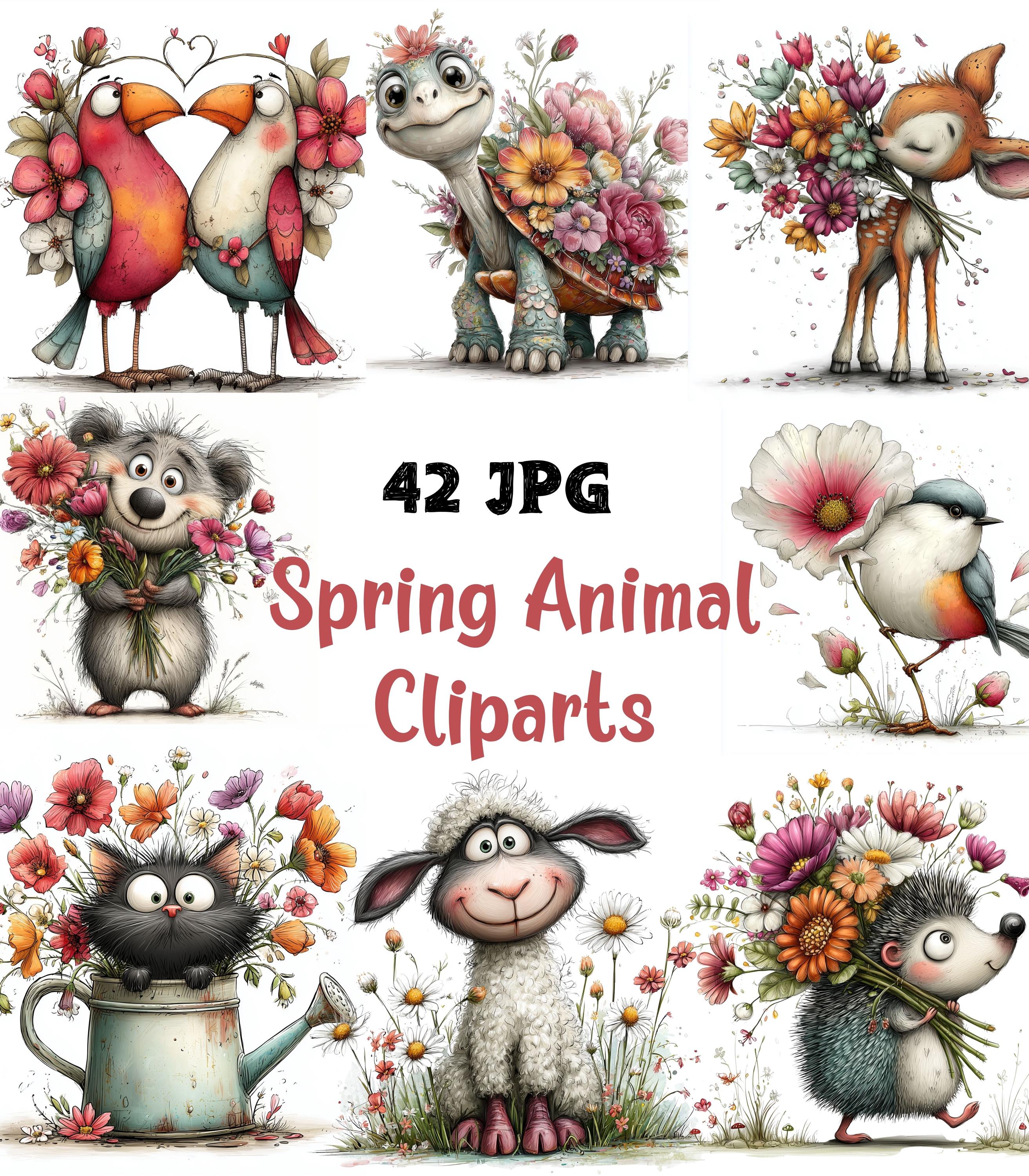 Spring Animal Clipart JPG Bundle, Whimsical Animals, Digital Download ...