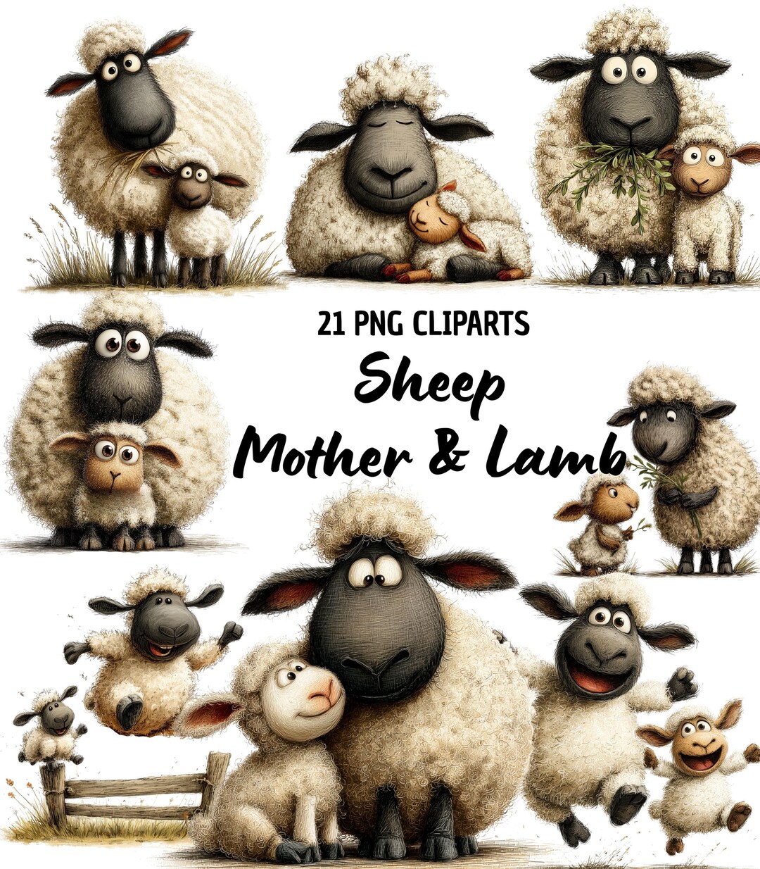 21 Sheep Mother & Lamb Clipart PNG Bundle | Cute Farm Animals | Nursery ...