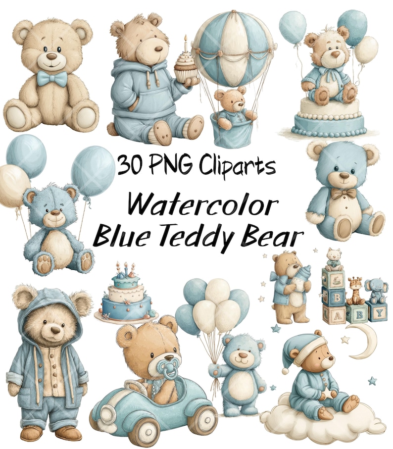 30 Blue Watercolor Teddy Bear Cliparts | Baby Bear Illustrations ...