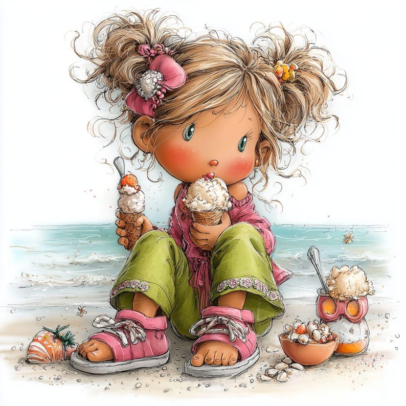 Whimsical Beach Girl Clipart Bundle, 28 JPG Watercolor Summer Kids ...