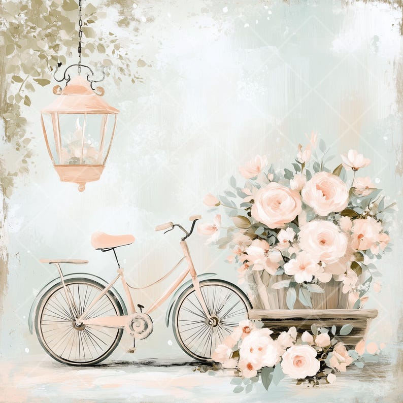 Vintage Floral Bicycle Clipart Set, 10 Soft Pastel Jpgs, Bicycle ...