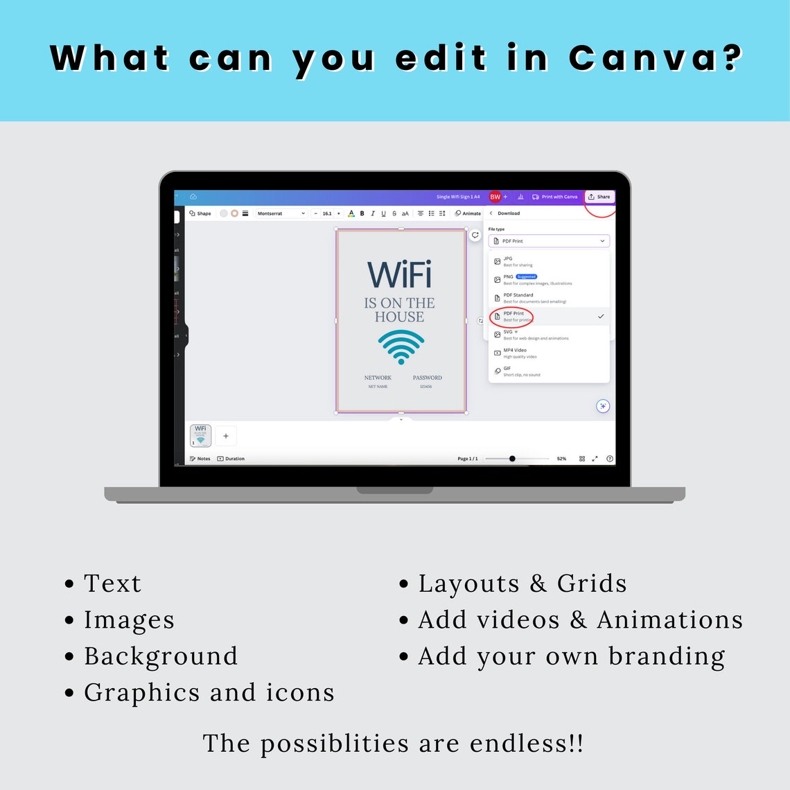 Airbnb Wifi Sign, Editable Wifi Sign Template, Custom Canva Wifi ...