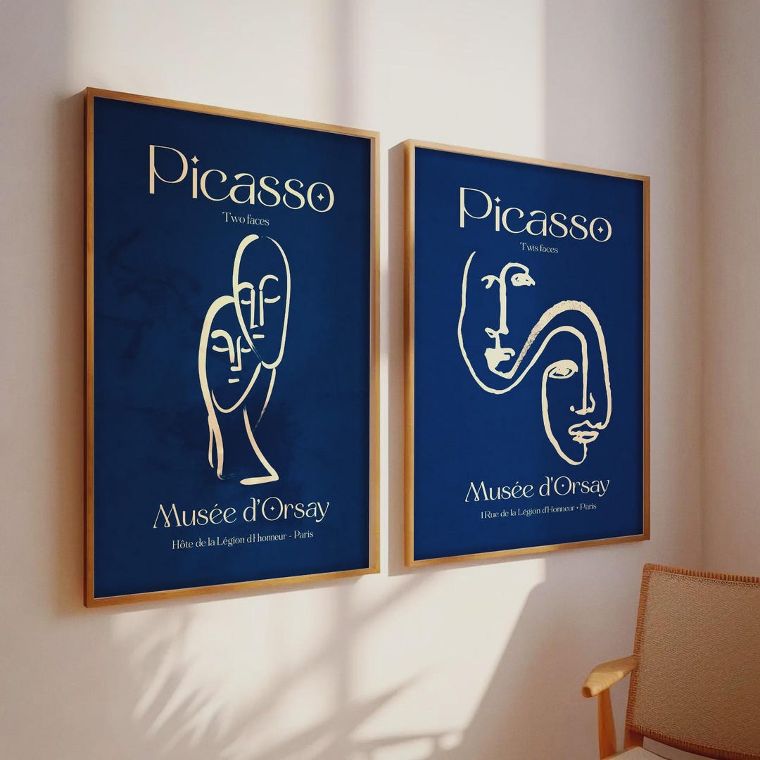 Set of 2 Picasso Inspired Prints, Blue Abstract Face Line Art ...