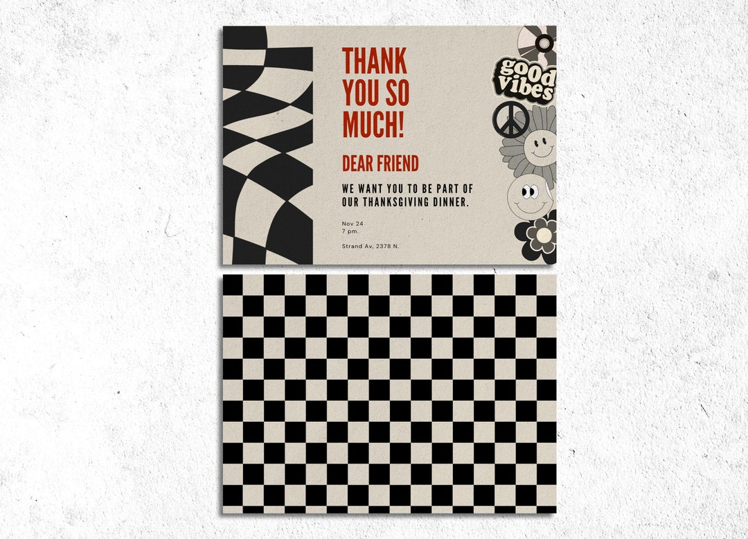 Retro Hippie Cool Thanks Invitation Card Editable Fall Dinner Party ...
