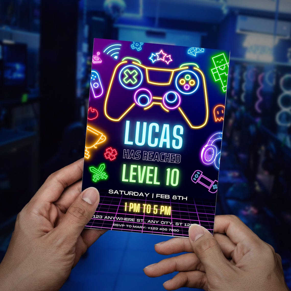 Retro Futuristic and Colorful Game Birthday Invitation, Editable Neon ...