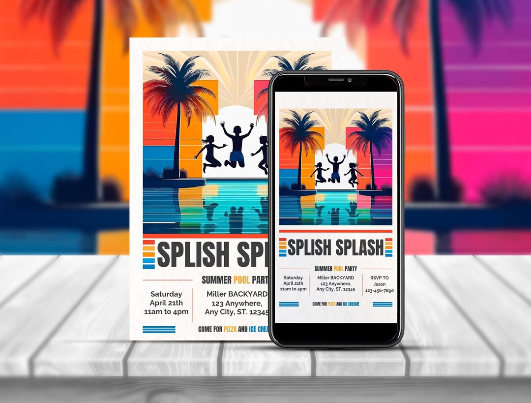 Retro Pool Party Invitation | Swimming Birthday Invite Digital Template ...