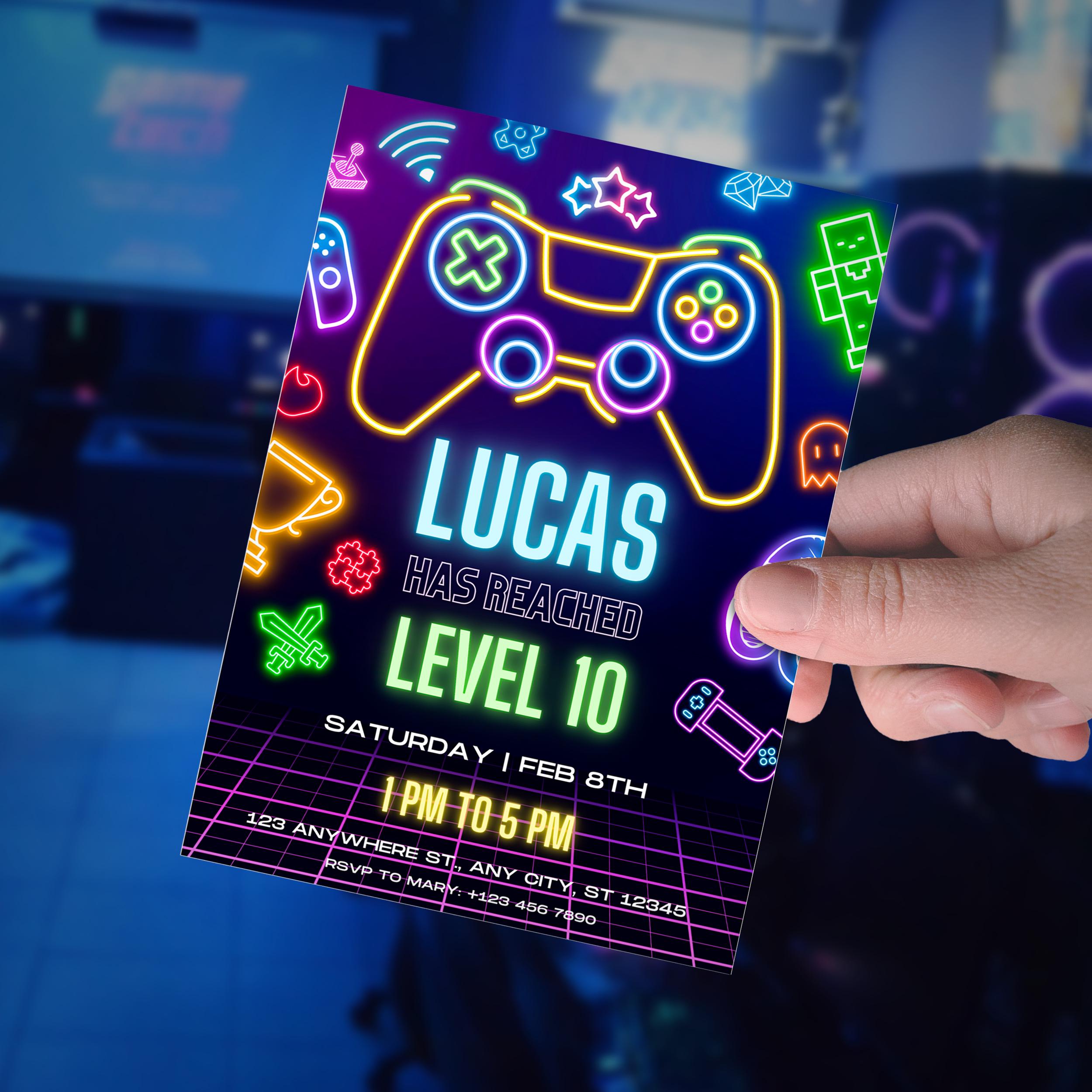 Retro Futuristic and Colorful Game Birthday Invitation, Editable Neon ...