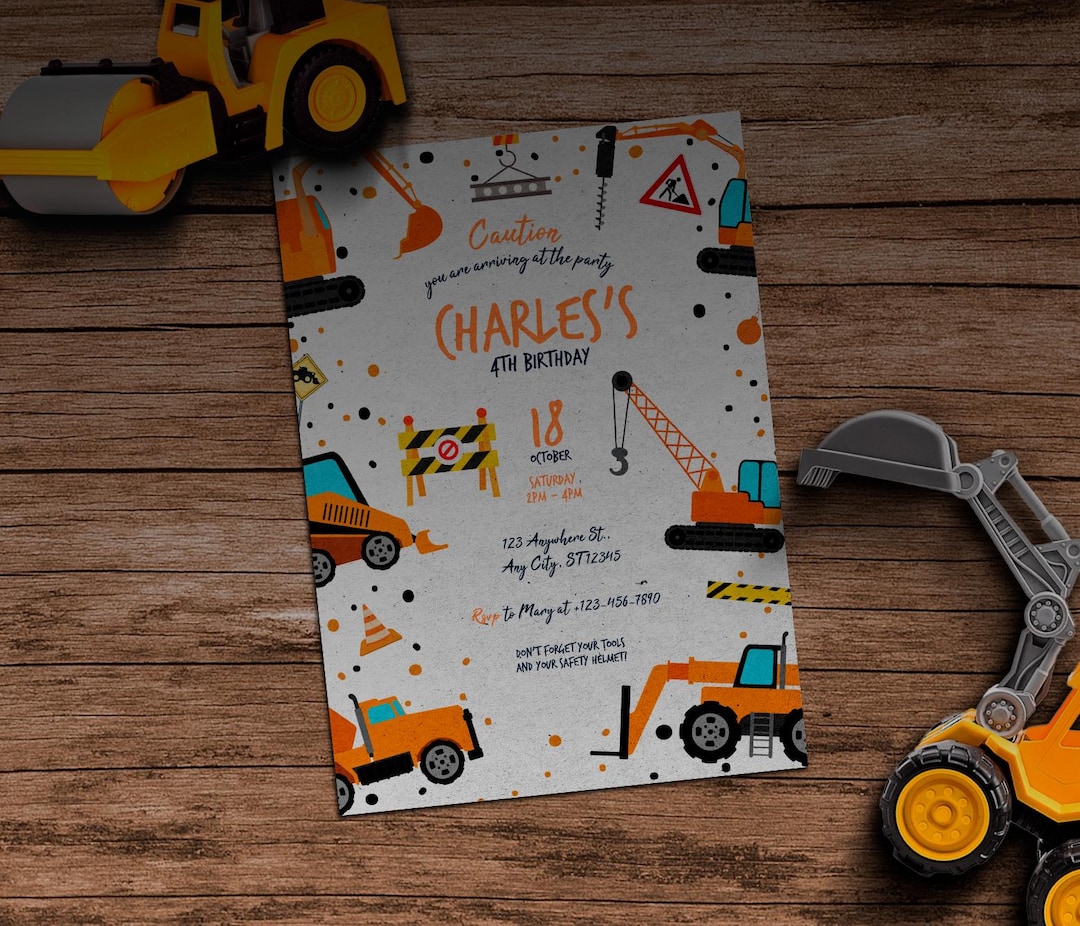 Editable Kids Birthday Invitation Construction Theme With Trucks ...
