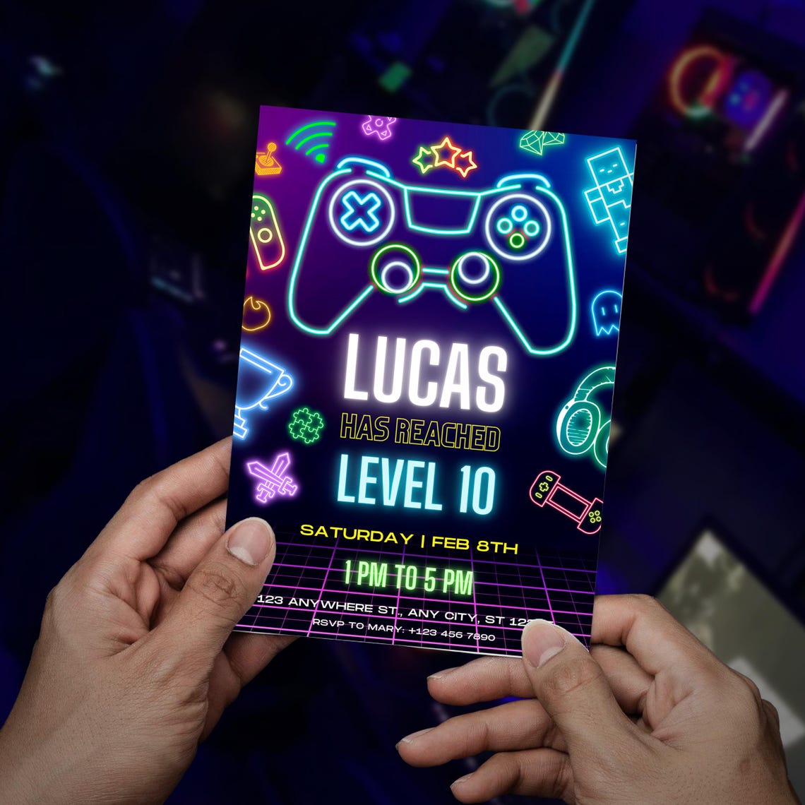 Retro Futuristic Colorful Game Birthday Invitation, Editable Neon Gamer ...