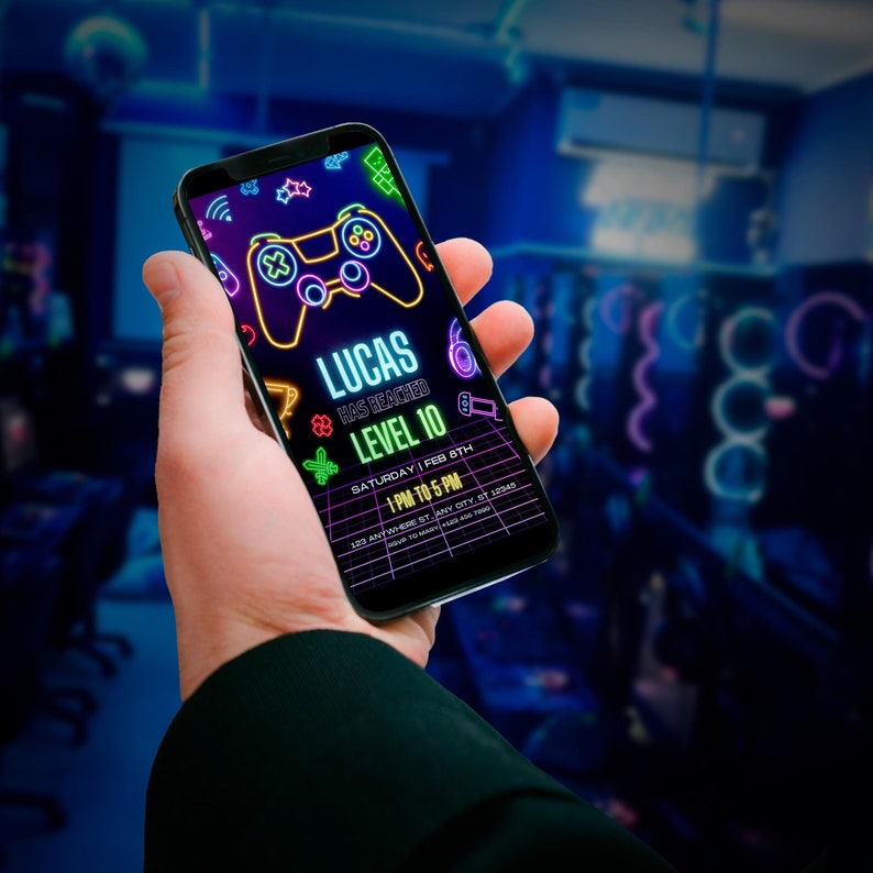 Retro Futuristic and Colorful Game Birthday Invitation, Editable Neon ...