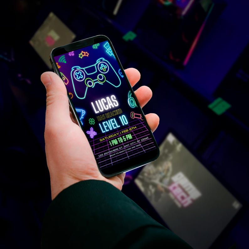 Retro Futuristic Colorful Game Birthday Invitation, Editable Neon Gamer ...