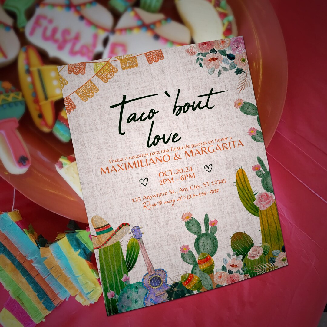 Editable Orange Mexican Taco Anniversary Party Invitation, Cactus ...