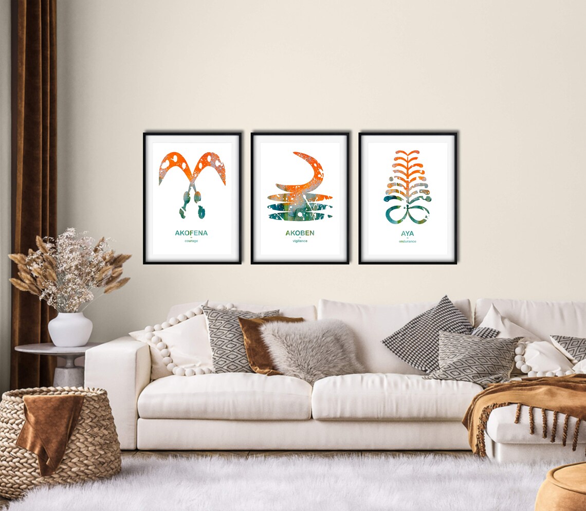 Set of 3 Adinkra Symbols Prints Modern African Wall Decor Aya Symbol ...