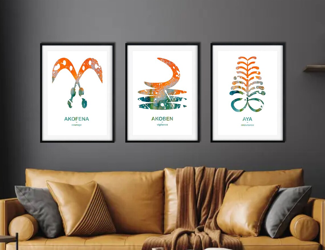 Set of 3 Adinkra Symbols Prints Modern African Wall Decor Aya Symbol ...