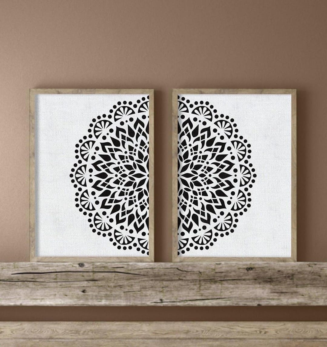 African Mandala Art, Set of 2 Mandala Prints, Neutral Grey and Black ...