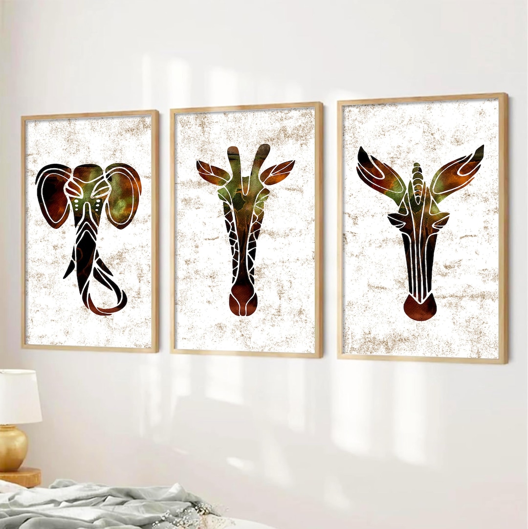 African Safari Animals Abstract, Set of 3 Geometric Animal Prints ...