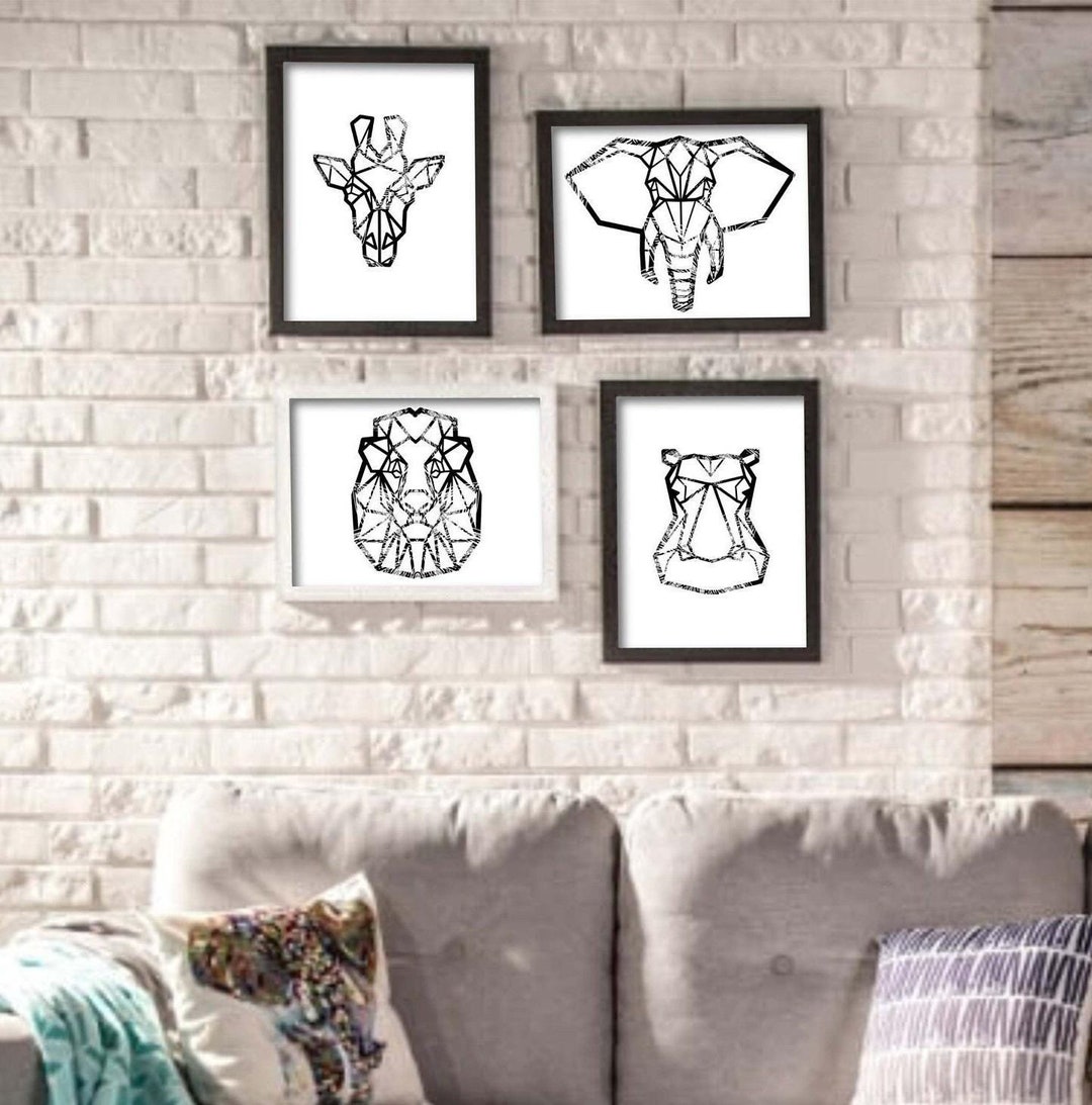 African Wild Animals Print Set of 4 Black and White Geometric Shape ...