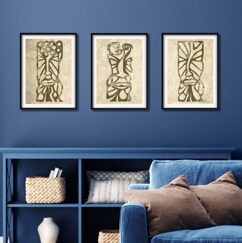 Modern African Prints Set of 3 African Mask Wall Art Brown Paper Prints ...