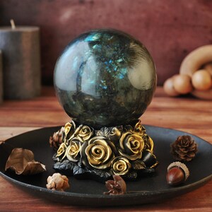 Large Flashy Labradorite Crystal Sphere With Rose Stand- Unique Crystal ...