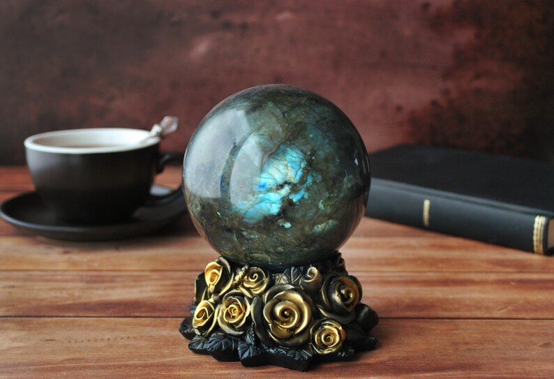 Large Flashy Labradorite Crystal Sphere With Rose Stand- Unique Crystal ...