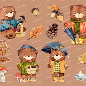 Watercolor Autumn Bear Digital Clipart, Nursery Decor, Cute Animal ...