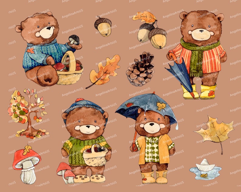 Watercolor Autumn Bear Digital Clipart, Nursery Decor, Cute Animal ...