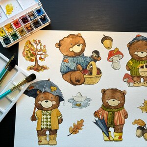 Watercolor Autumn Bear Digital Clipart, Nursery Decor, Cute Animal ...