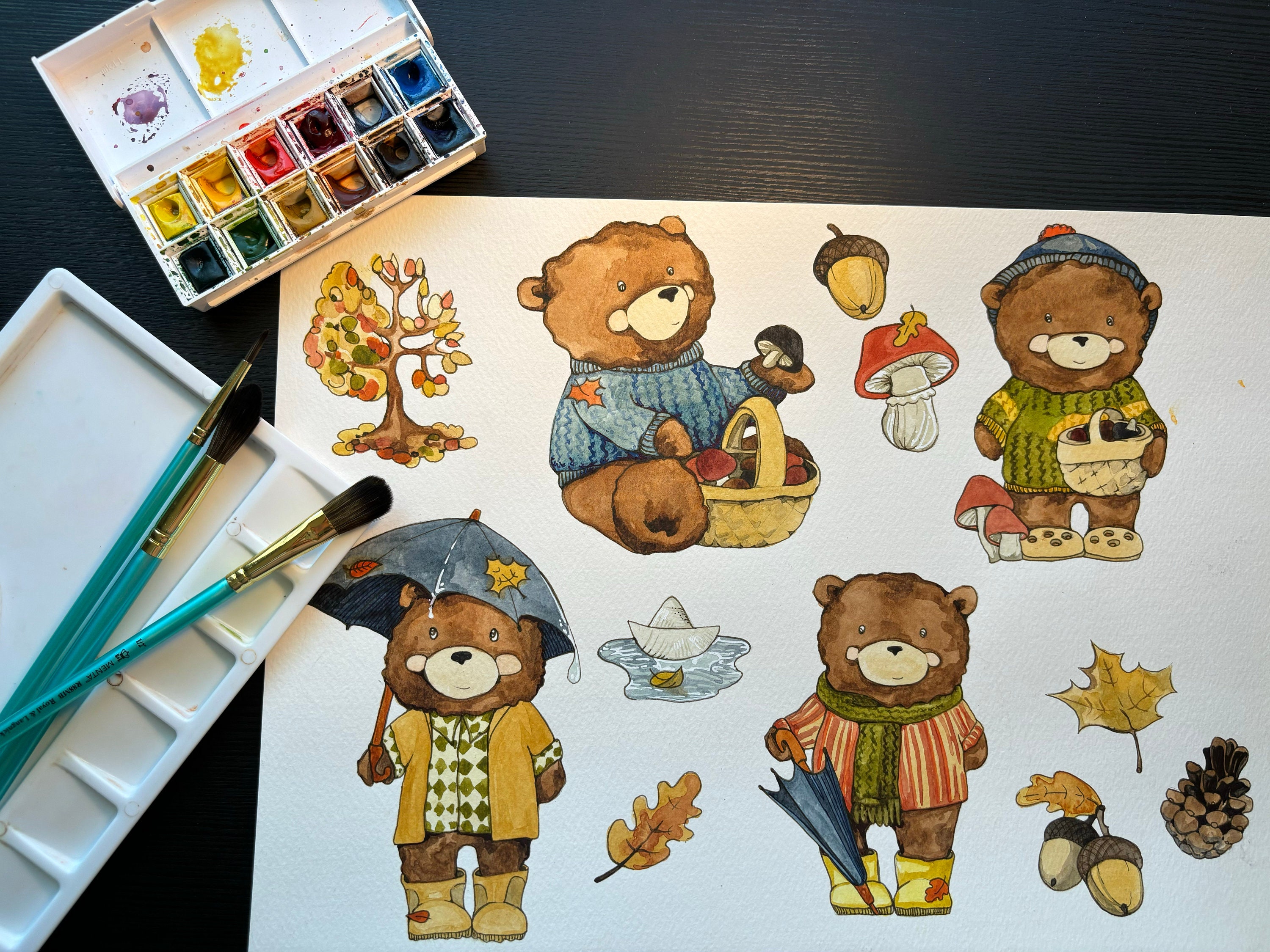 Watercolor Autumn Bear Digital Clipart, Nursery Decor, Cute Animal ...
