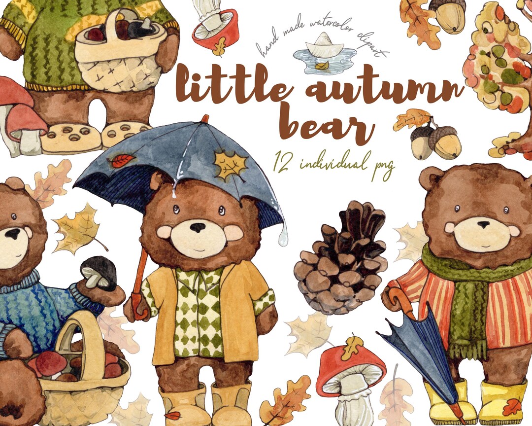 Watercolor Autumn Bear Digital Clipart, Nursery Decor, Cute Animal ...