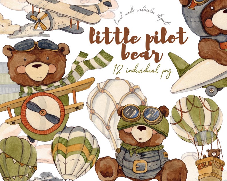 Watercolor Pilot Bear Digital Clipart, Nursery Decor, Cute Animal ...