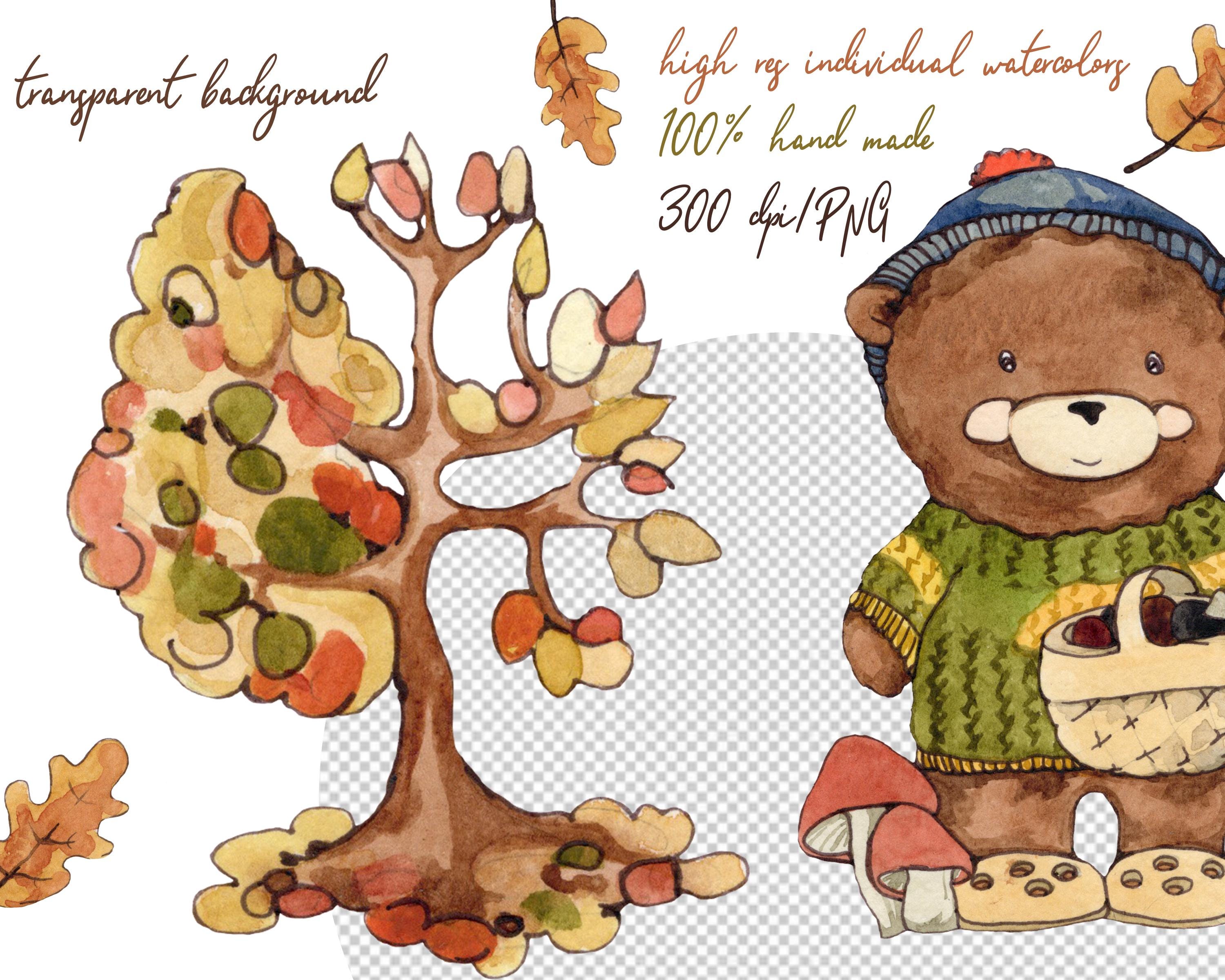 Watercolor Autumn Bear Digital Clipart, Nursery Decor, Cute Animal ...