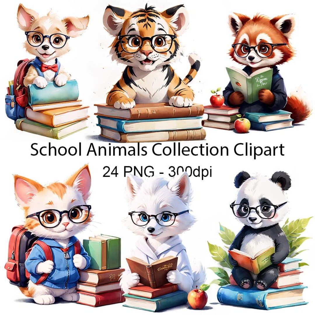 Cute School Baby Animals Clipart Bundle Ai Generated Digital Wall Art ...