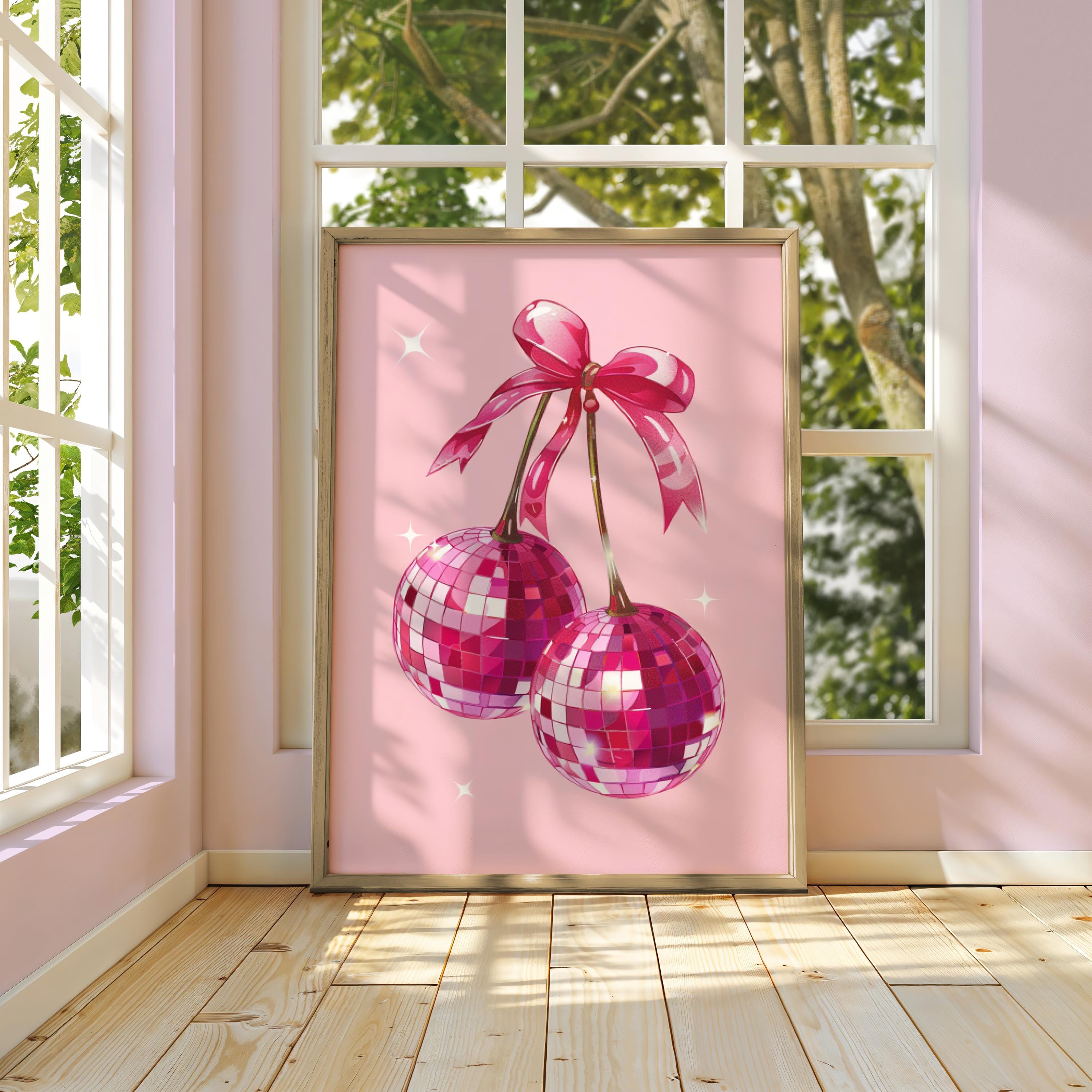 Cherry Dico Ball Maximalist Glam Poster Disco Cherry Print Disco Ball ...