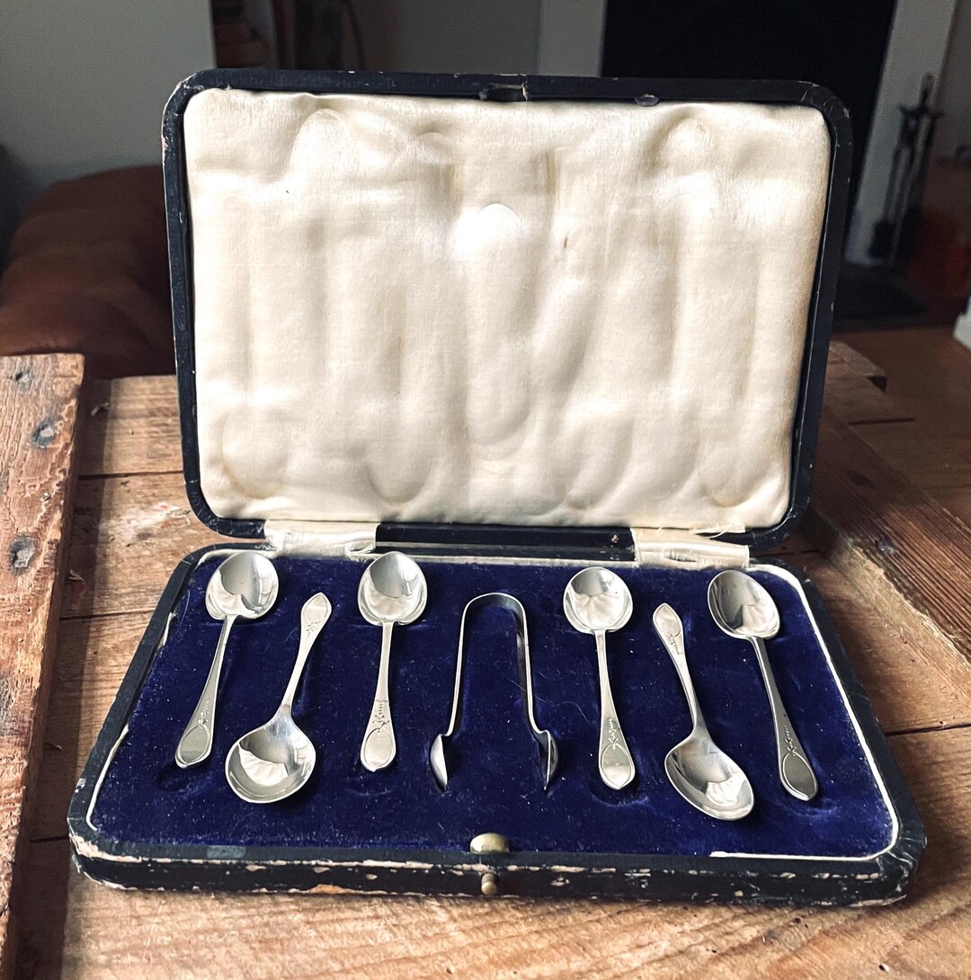 Boxed Set of Six Teaspoons and Sugar Tongs, Solid Silver, James Dixon ...