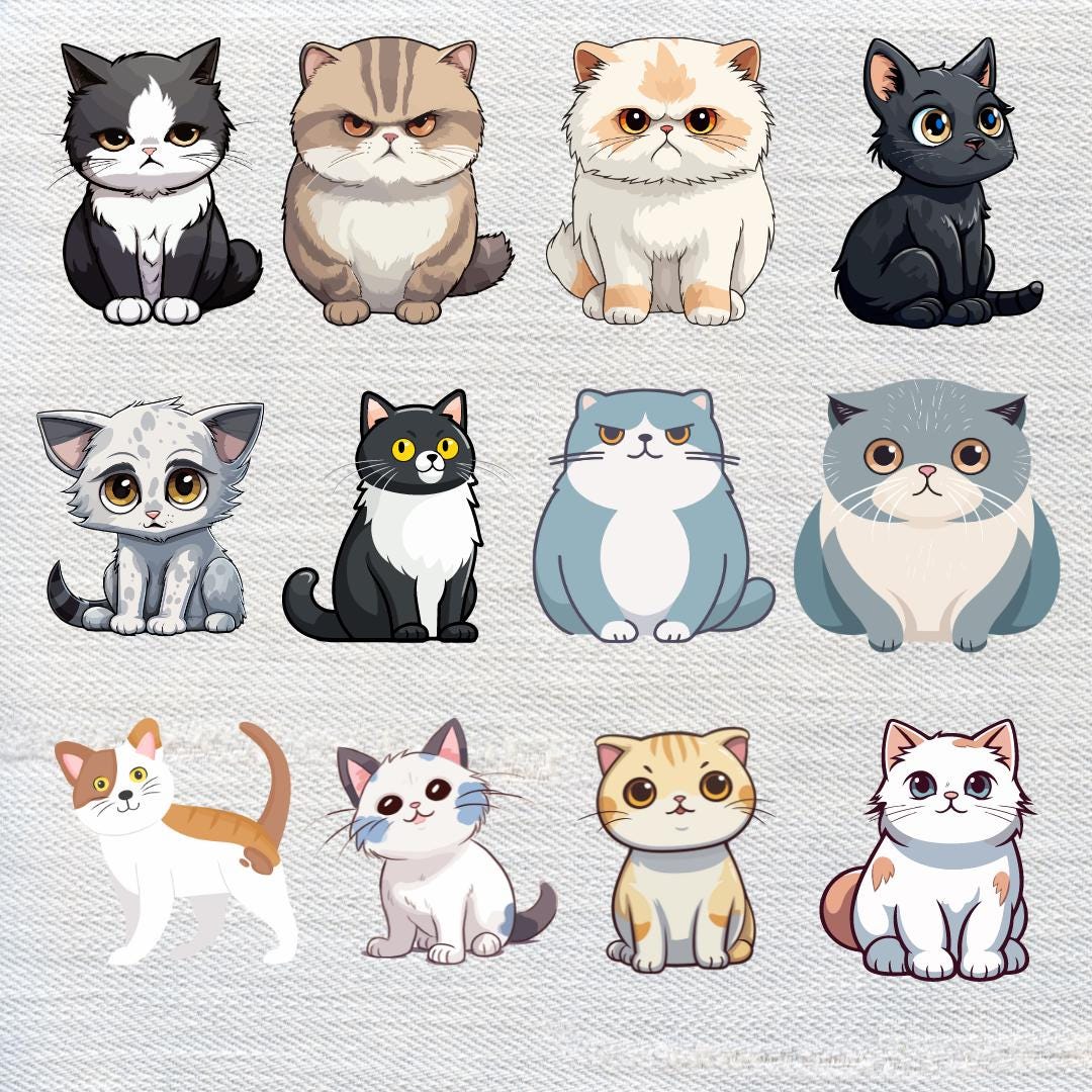 36 Cute Cats Stickers Clipart Bundle Transparent Background Digital ...