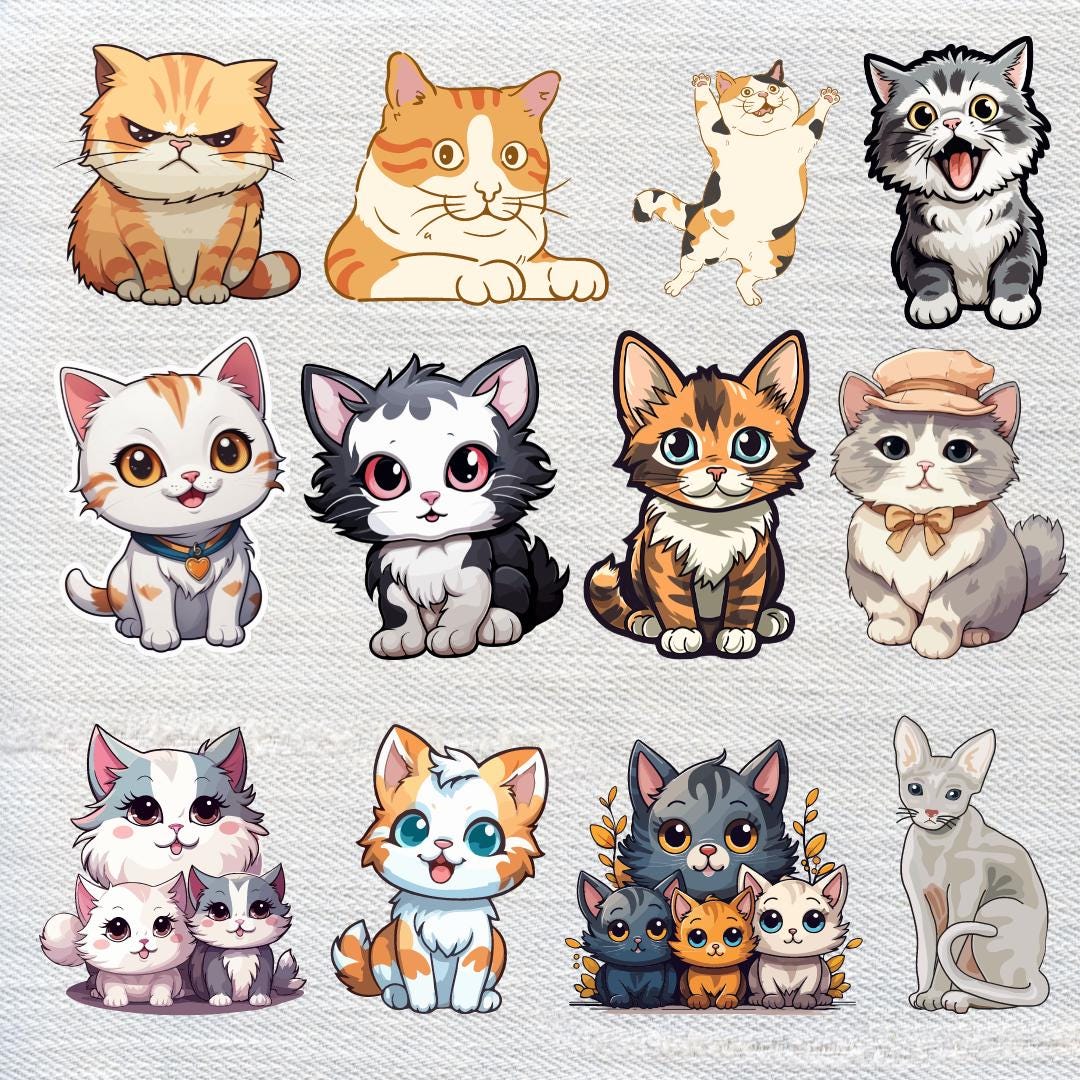 36 Cute Cats Stickers Clipart Bundle Transparent Background Digital ...