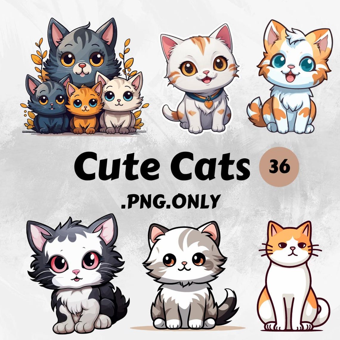 36 Cute Cats Stickers Clipart Bundle Transparent Background Digital ...