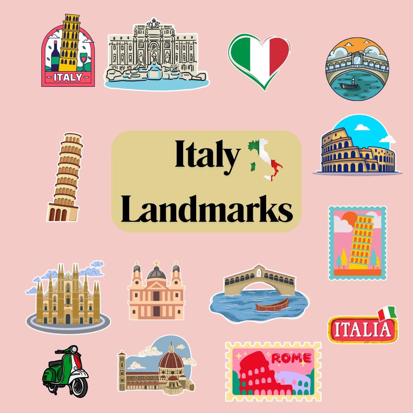 Italy Landmarks Sticker Bundle Italy Travel Stickers PNG Instant ...