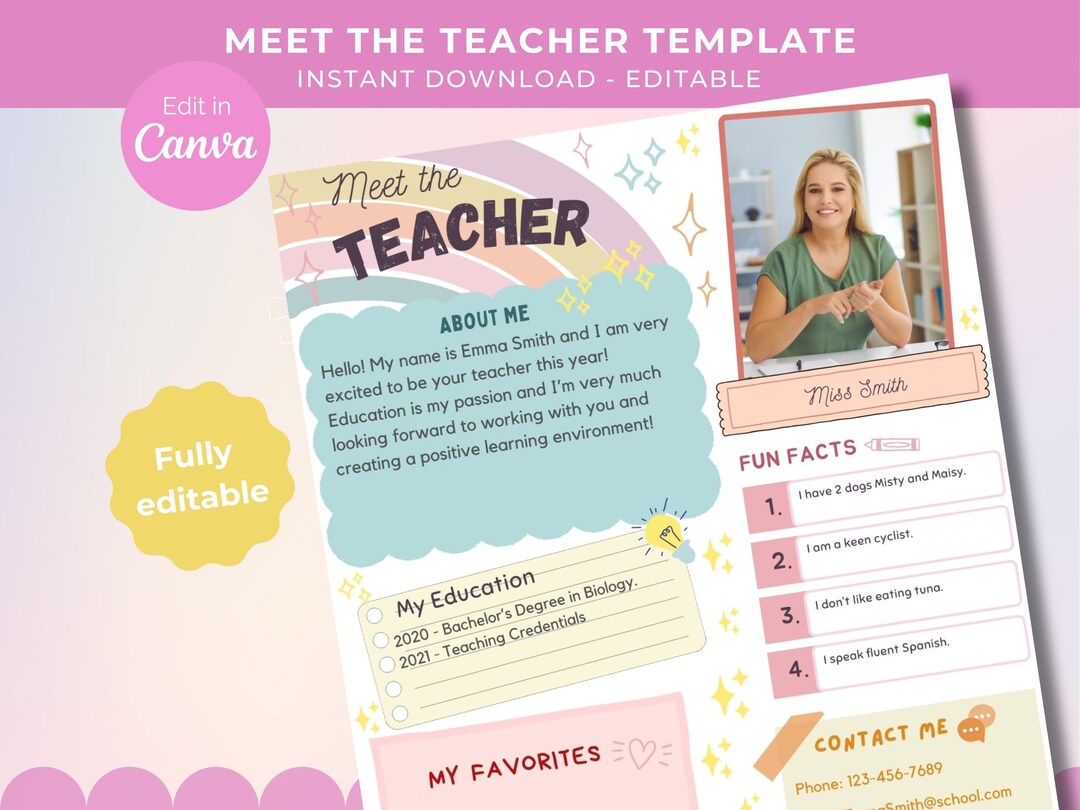 Editable Meet the Teacher Template, Instant Download, Printable Teacher ...