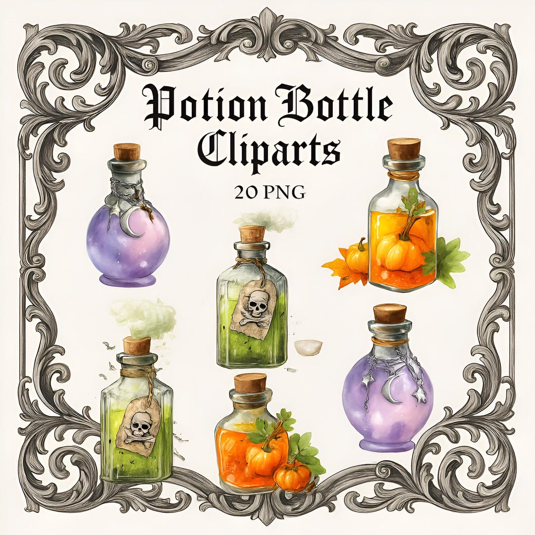 Watercolor Potion Bottles Clipart Set: Halloween Magic, 20 PNG (instant ...
