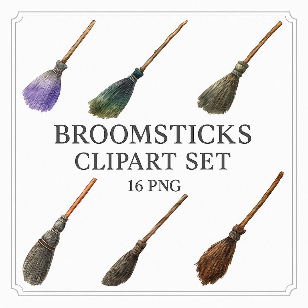 Broomsticks Clipart Set – 16 PNG – Transparent Background – Watercolor ...