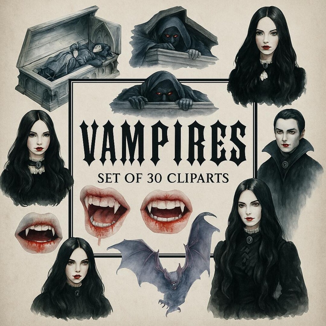 Watercolor Vampire Clipart Bundle: 30 PNG, Halloween Graphics ...