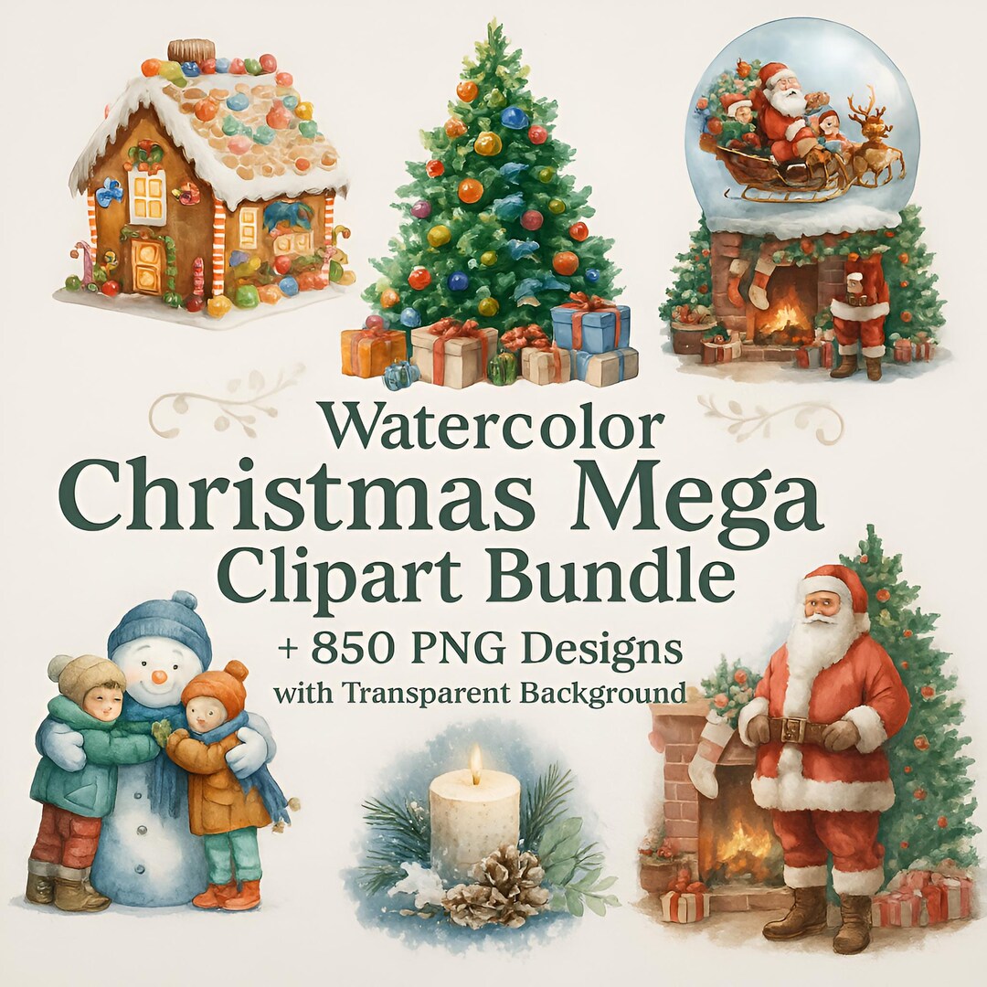 Watercolor Christmas Mega Clipart Bundle – 850+ PNG Designs With ...