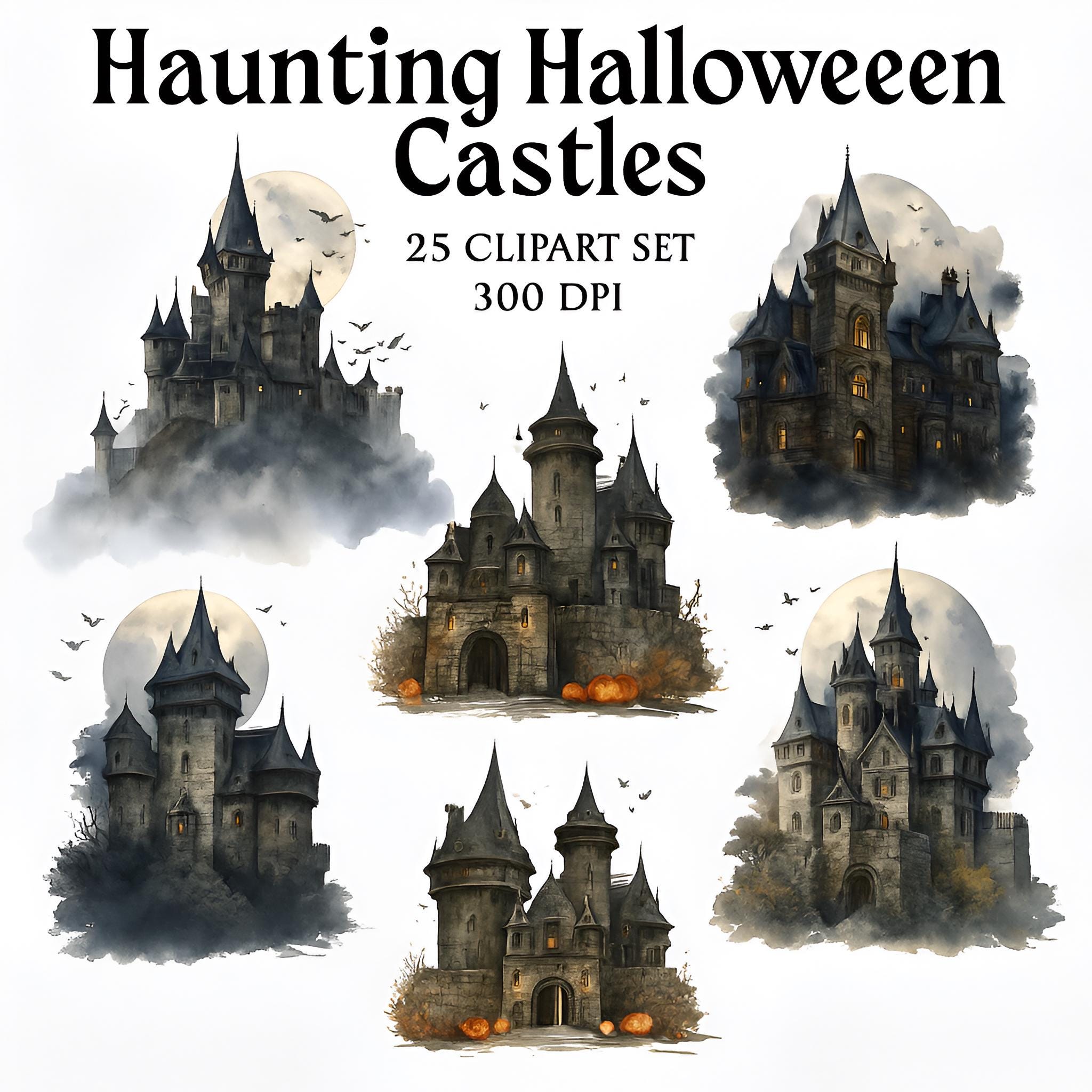 Haunted Castles Clipart Set – 25 PNG – Transparent – Watercolor Style ...