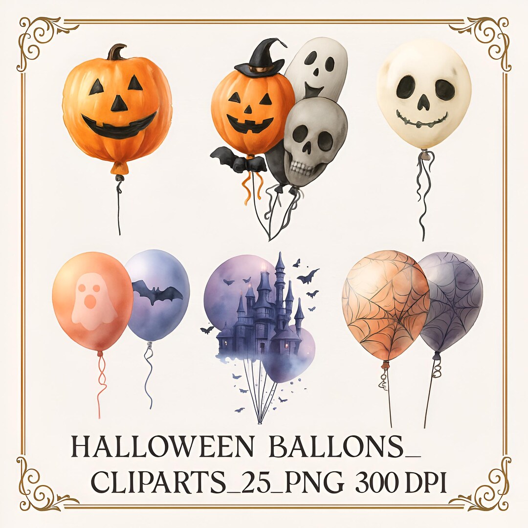 Halloween Balloons Clipart – 25 PNG – Transparent – Watercolor Style ...