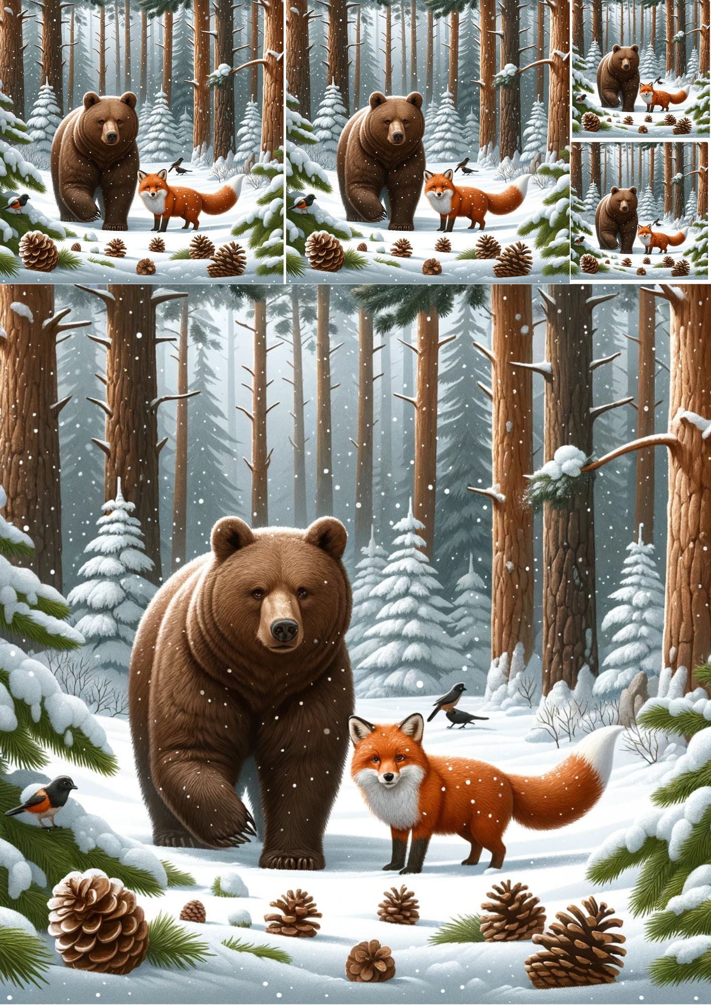 Rice Paper for Decoupage Brown Bear and Fox in Winter Collage Cat No ...