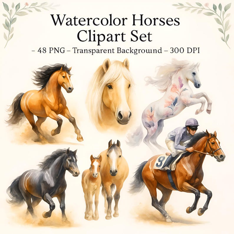 Watercolor Horses Clipart Set: 48 PNG Designs With Transparent ...