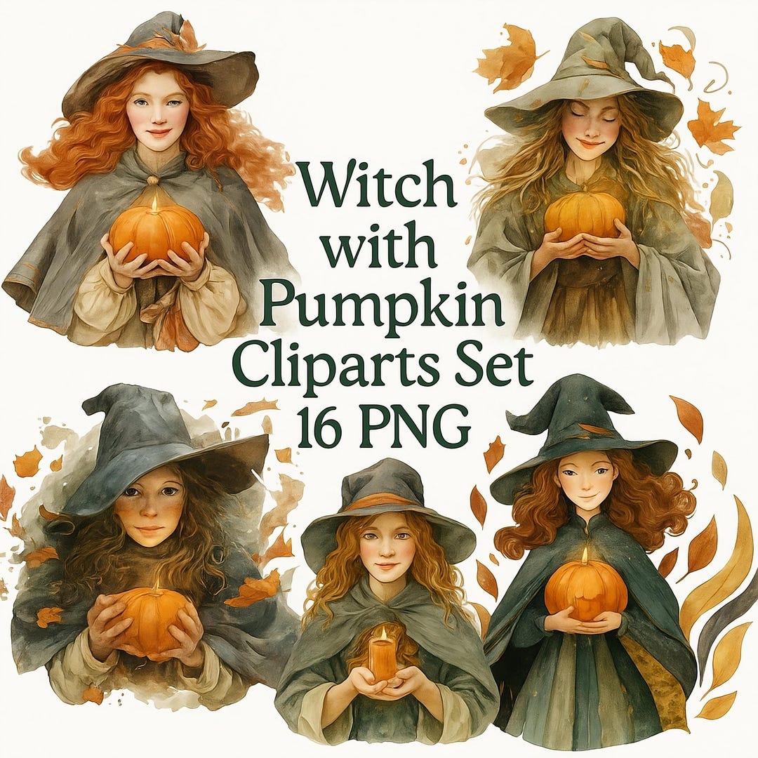 Witch With Pumpkin Clipart: Watercolor Halloween PNG Bundle (digital ...