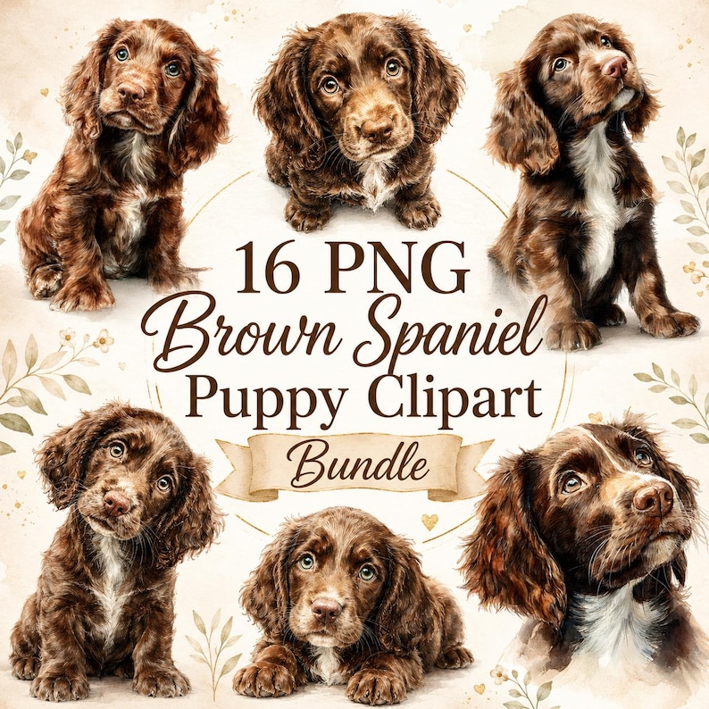 Brown Spaniel Puppy Clipart Bundle, 16 PNG Watercolor Dog Illustrations ...